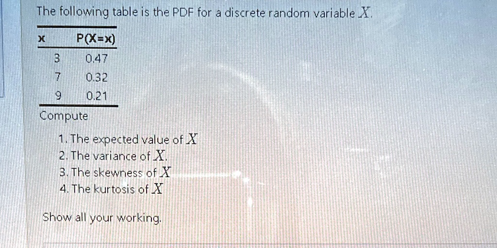 SOLVED: 'The following table is the PDF for a discrete random variable X PC=x) 3 047 0.32 9 0,21 ...