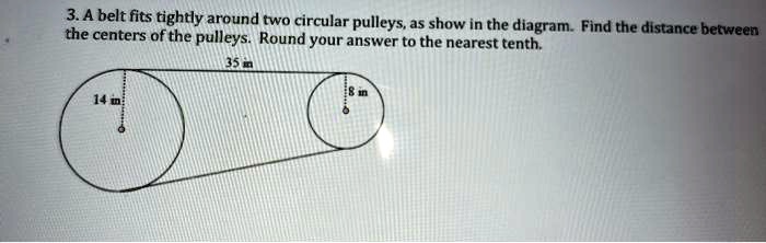 SOLVED: 3.A belt fits tightly around two circular pulleys as show in the diagram Find the ...