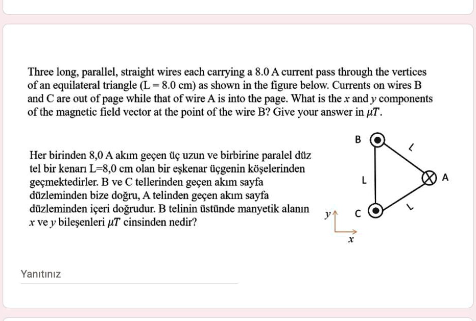 three long parallel straight wires each carrying a 80 a current pass ...