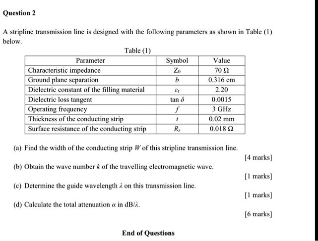 Question 2 A stripline transmission line is designed with the following parameters as shown in ...
