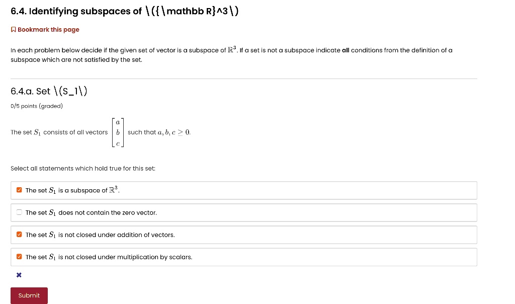 SOLVED: 6.4. Identifying subspaces of (â„ Â³) Bookmark this page In each problem below, decide ...