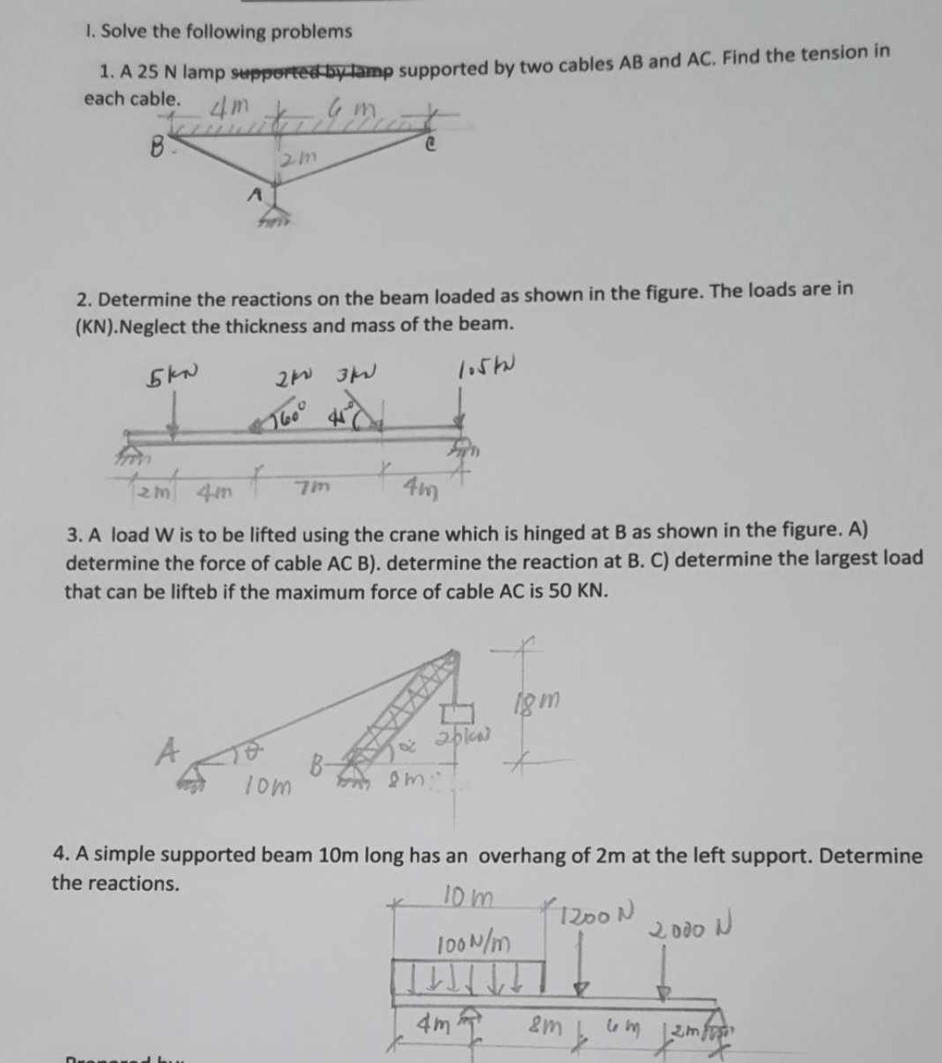 SOLVED: 1. Solve the following problems 1. A 25 N lamp suppered by two cables A B and A C. Find ...