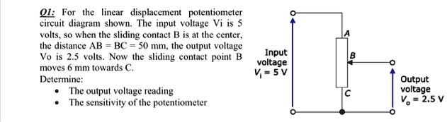 SOLVED: For the linear displacement potentiometer circuit diagram shown, the input voltage Vi is ...