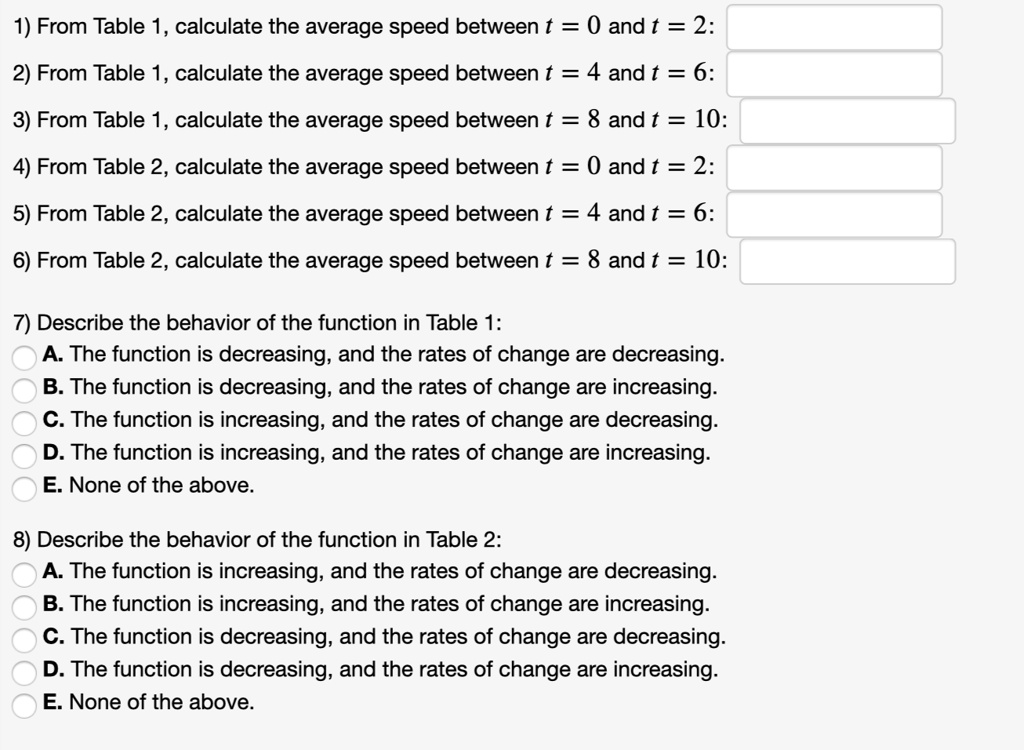 1 from table 1 calculate the average speed between t 0 and t 2 2 from ...