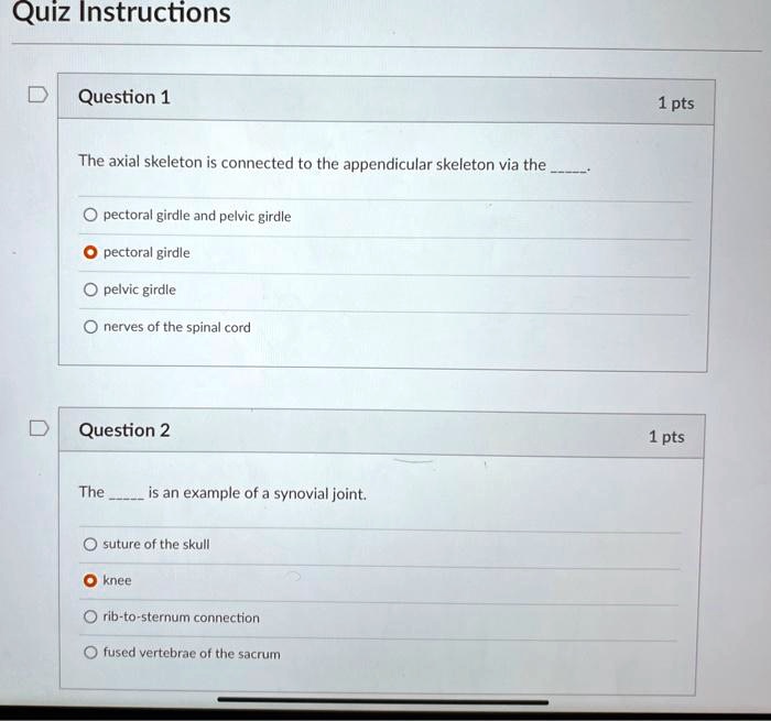 SOLVED: Question 1 1pt The axial skeleton is connected to the ... SOLVED: Question 1 1pt The axial skeleton is connected to the ...