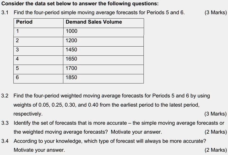 Consider the data set below to answer the following questions: 3.1 Find the four-period simple ...