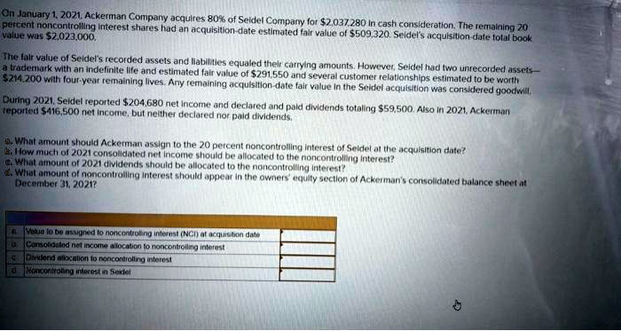 On January 1, 2021, Ackerman Company acquires 80% of Seidel Company for ...