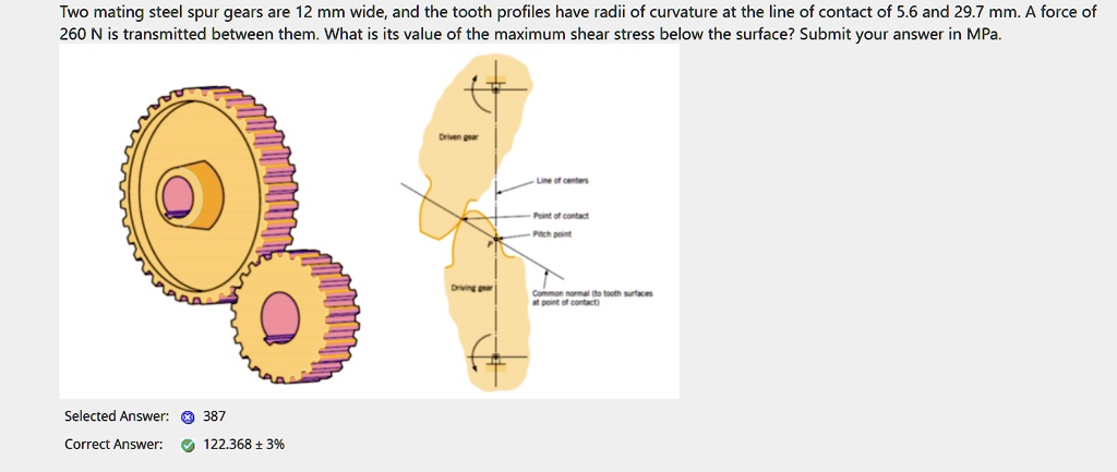 Two mating steel spur gears are 12 mm wide, and the tooth profiles have ...