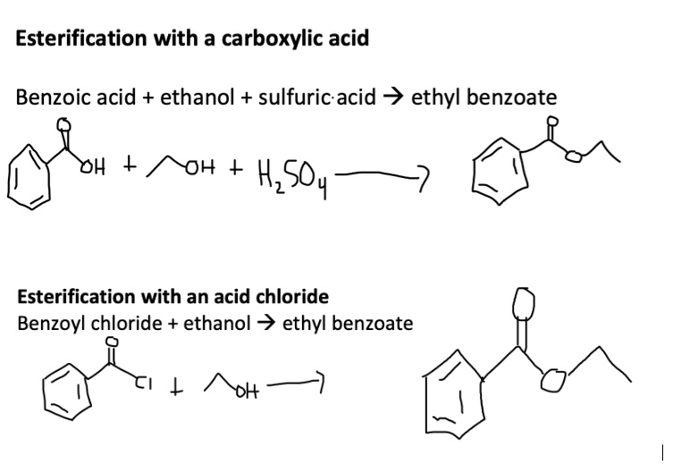 Esterification with a carboxylic acid Benzoic acid + ethanol + sulfuric ...