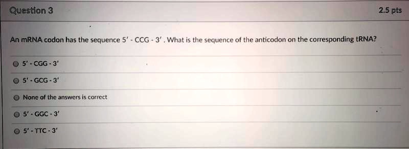 question 3 25pts an mrna codon has the sequence 5 ccg what is the ...