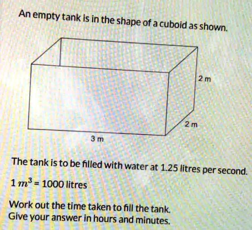 An empty tank is in the shape of a cuboid as shown. 3 m 2 m 2 m The ...