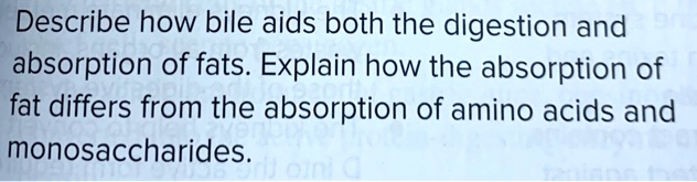 SOLVED: Describe how bile aids both the digestion and absorption of ...