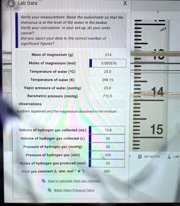 lab data verify your meusurement raise the eudiometer so that the meniscus is at the level of ...