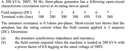 SOLVED: A 300 kVA, 380V, 50 Hz, three-phase generator has a following open-circuit ...