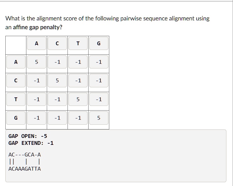 SOLVED: Texts: What is the alignment score of the following pairwise sequence alignment using an ...