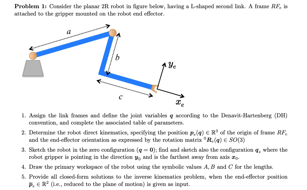 Problem 1: Consider the planar 2R robot in figure below, having a L-shaped second link. A frame ...