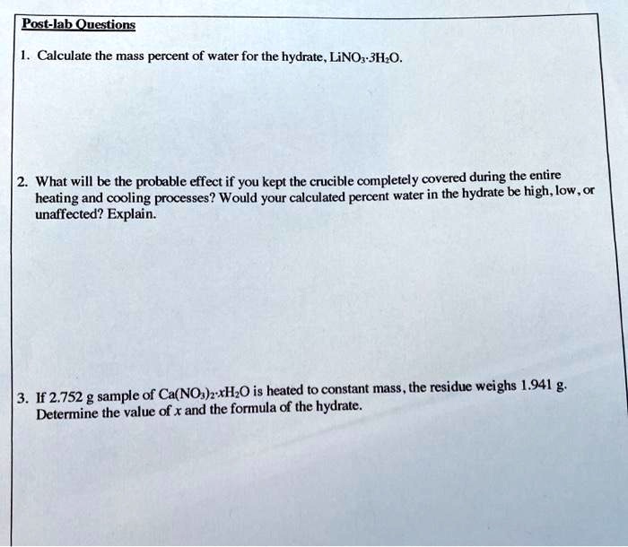 post lab questions calculate the mass percent of water for the hydrate ...