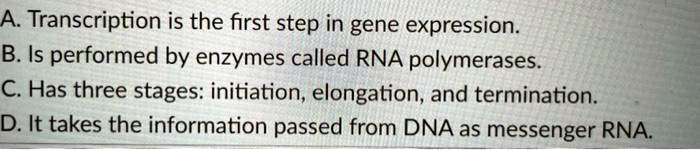 SOLVED: A Transcription is the first step in gene expression B. Is ...