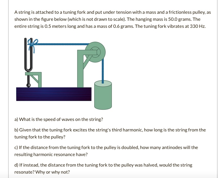SOLVED: A string is attached to tuning fork and put under tension witha mass and frictionless ...