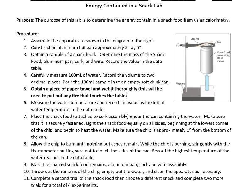 SOLVED:Energy Contained in Snack Lab Purpose: The purpose of this lab ...