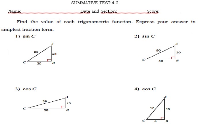 SUMMATIVE TEST 4.2 Nake: Find the value of each trigonometric function ...