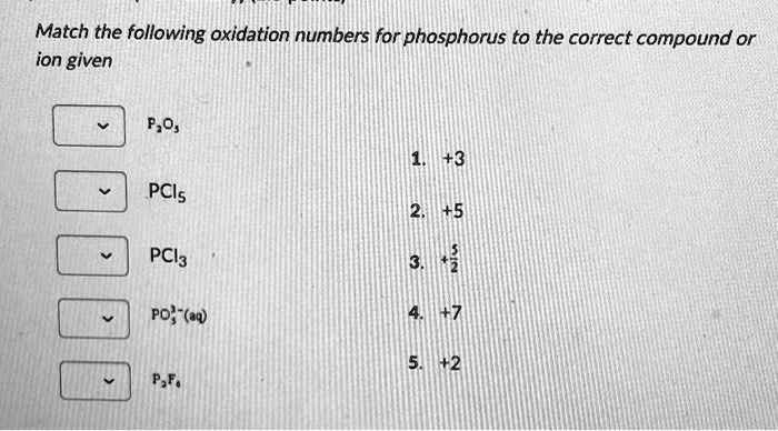SOLVED: Match the following oxidation numbers for phosphorus to the ...