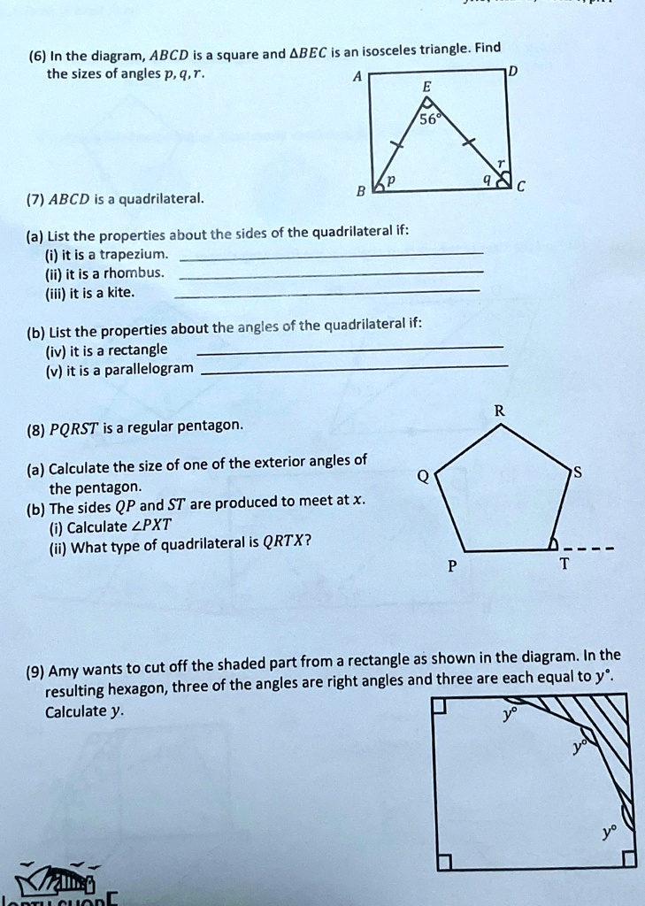 6 in the diagram abcd is a square and bec is an isosceles triangle find the sizes of angles p q ...