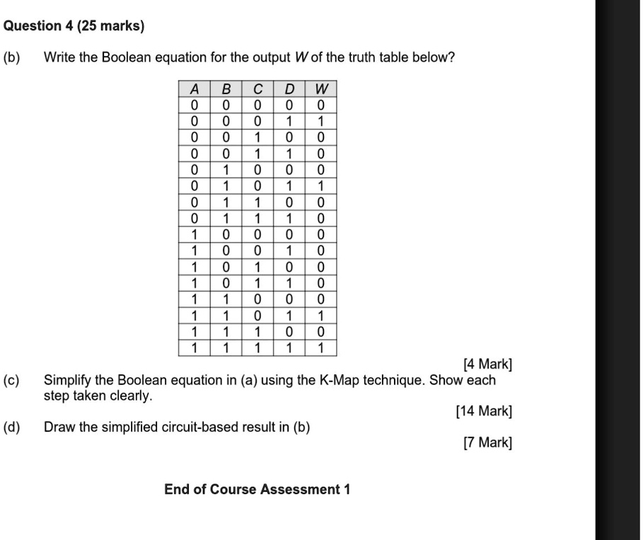 Solved Question 4 25 Marks B Write The Boolean Equation For The Output W Of The Truth Table