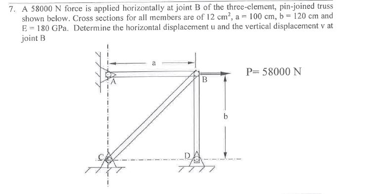 7. A 58000 N force is applied horizontally at joint B of the three ...