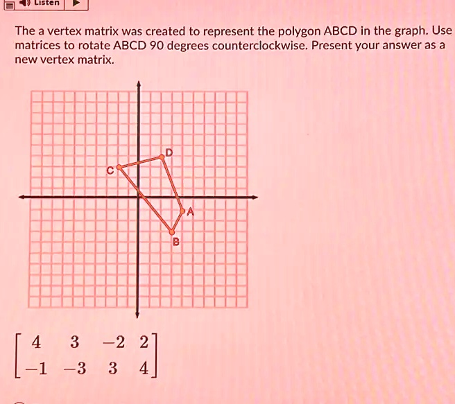 The a vertex matrix was created to represent the polygon ABCD in the graph. Use matrices to ...
