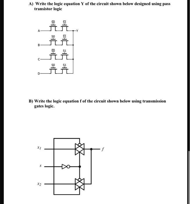 A) Write the logic equation Y of the circuit shown below designed using pass transistor logic 1 ...