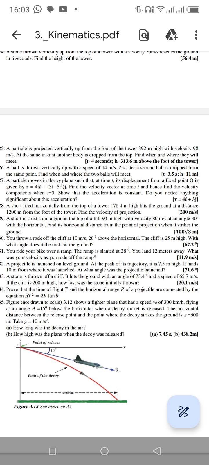 16:03 (?) P · 3.Kinematics.pdf Q 4+ 4. A stone tnrown verticai?y up ...