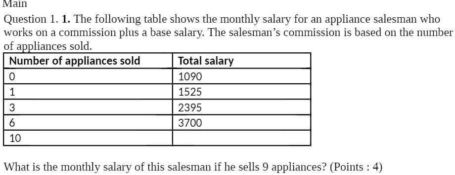 Main Question 1. 1. The following table shows the monthly salary for an appliance salesman who ...