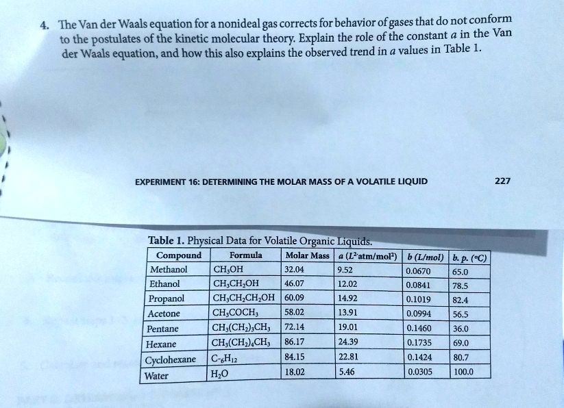 SOLVED: The Van der Waals equation for a nonideal gas corrects for ...
