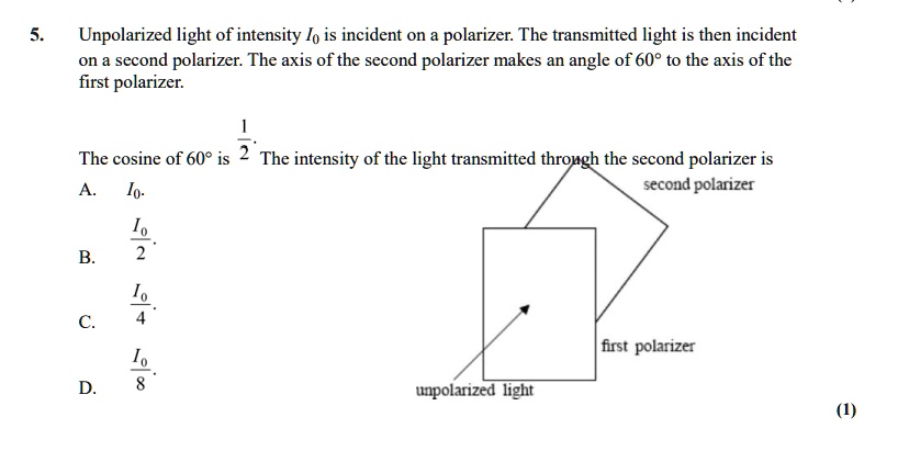 SOLVED: Unpolarized light of intensity Io is incident on polarizer: The ...