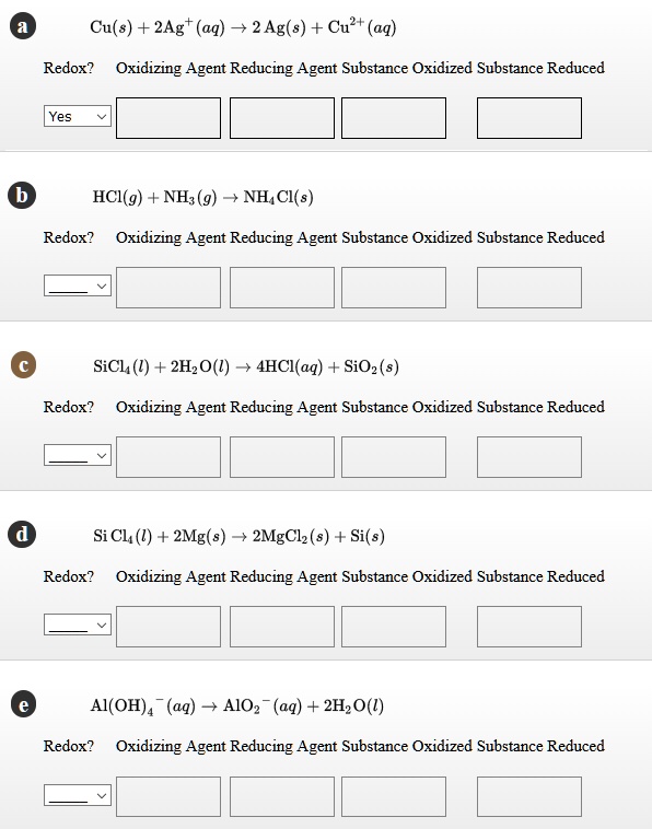 SOLVED: Cu(s) + 2Agt (aq) 2 Ag(s) + Cu?+ (aq) Redox? Oxidizing Agent ...