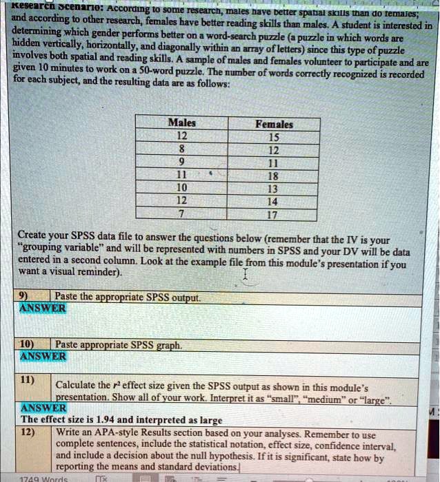 SOLVED: Research Scenario: According to some research, males have better spatial skills than do ...