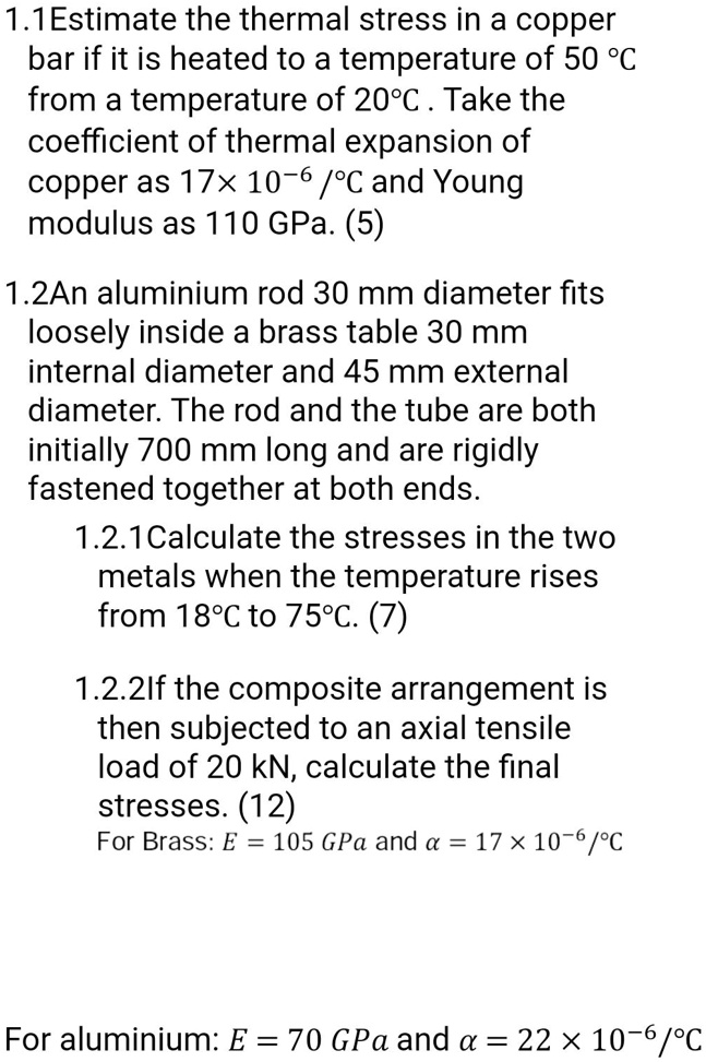 SOLVED: 1.1Estimate the thermal stress in a copper bar if it is heated ...