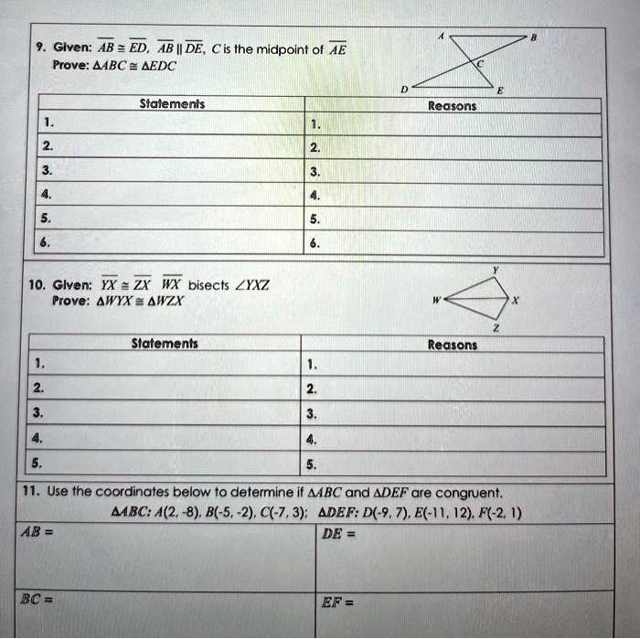 SOLVED: Given: AB = ED, AB II DE, €C is the midpoint of AE Prove: AABC = AEDC Stalements Reasons ...