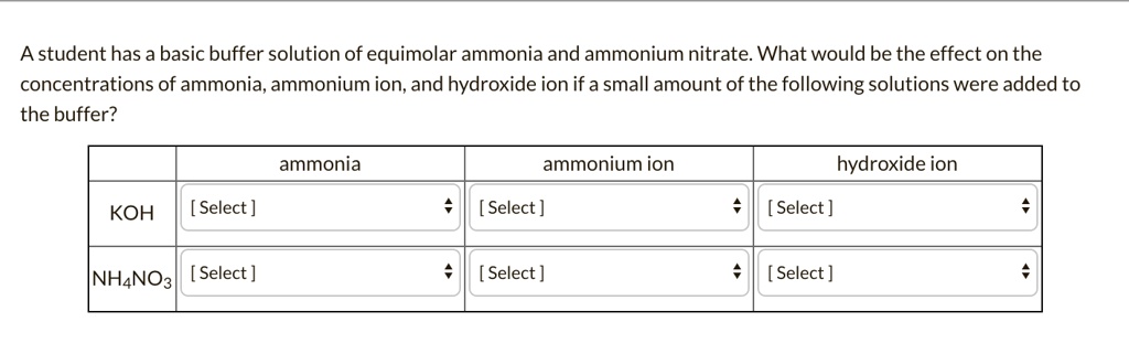 SOLVED: A student has a basic buffer solution of equimolar ammonia and ammonium nitrate: What ...