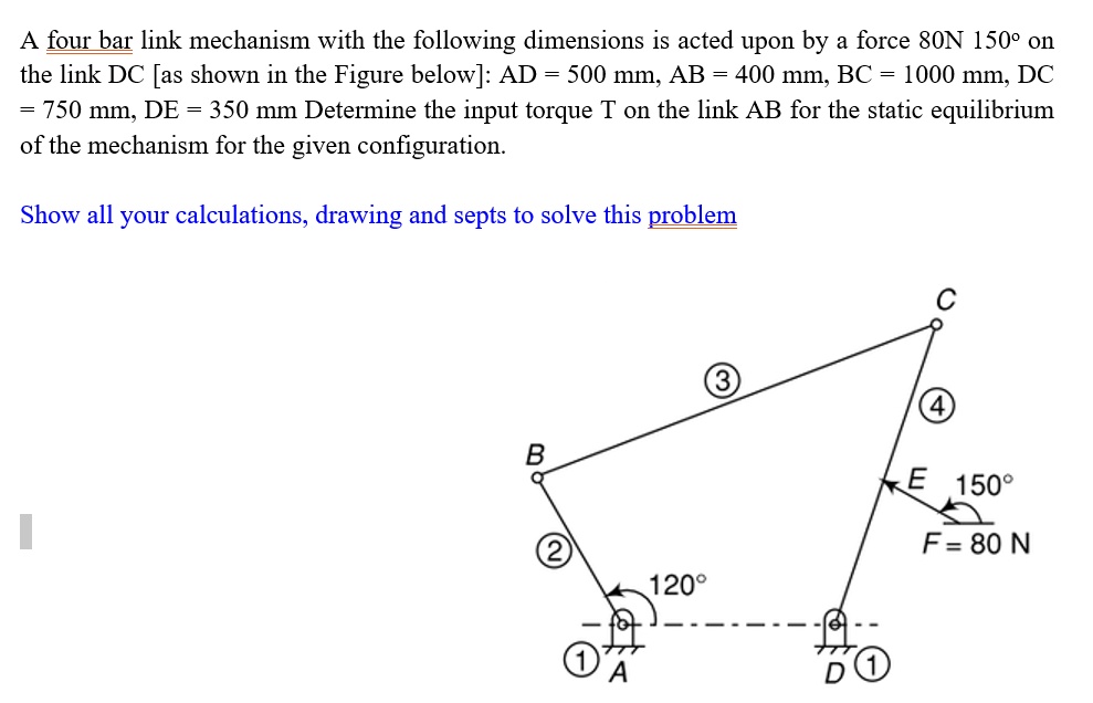 A four bar link mechanism with the following dimensions is acted upon by a force 80N 150° on the ...
