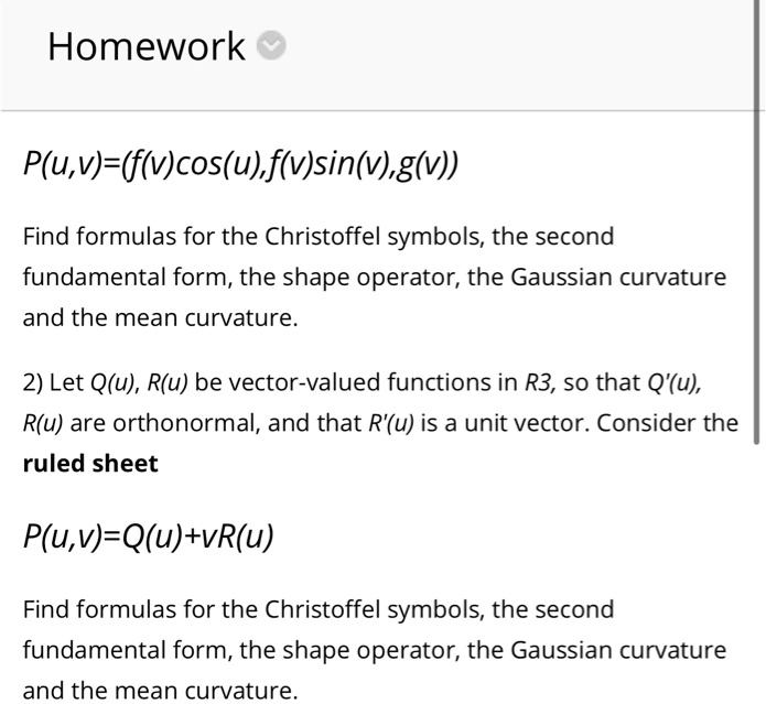 SOLVED: Homework P(u,v)-(f(v)cos(u) f(v)sin(v) g(v)) Find formulas for ...