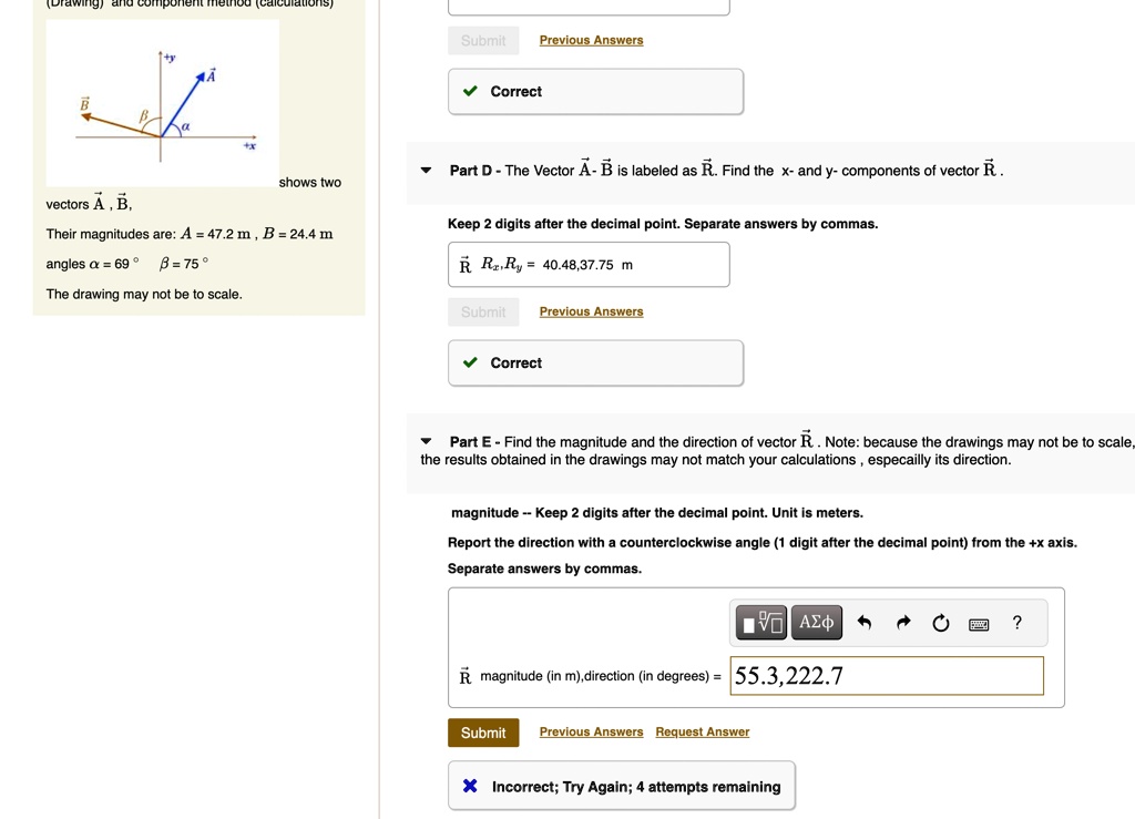 SOLVED: Part D - The Vector A - B is labeled as R. Find the x- and y- components of vector R ...
