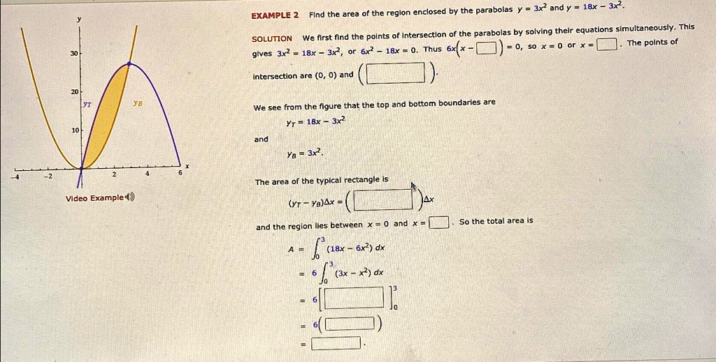SOLVED: EXAMPLE 2: Find the area of the region enclosed by the parabolas y=3x^(2) and y=18x-3x ...