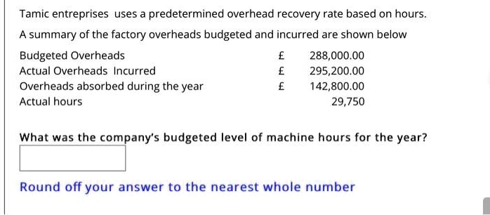 SOLVED: Tamic Enterprises uses a predetermined overhead recovery rate ...