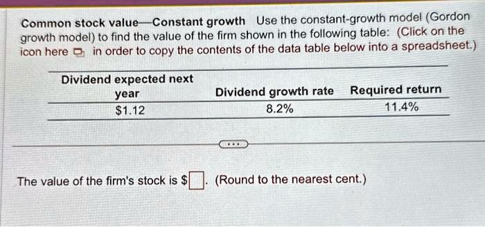 SOLVED: Texts: Common stock value Constant growth Use the constant ...
