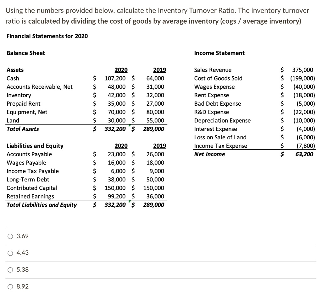 SOLVED: Using the numbers provided below; calculate the Inventory ...