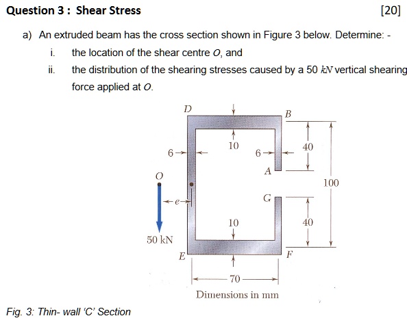 Question 3: Shear Stress [20] a) An extruded beam has the cross section shown in Figure 3 below ...