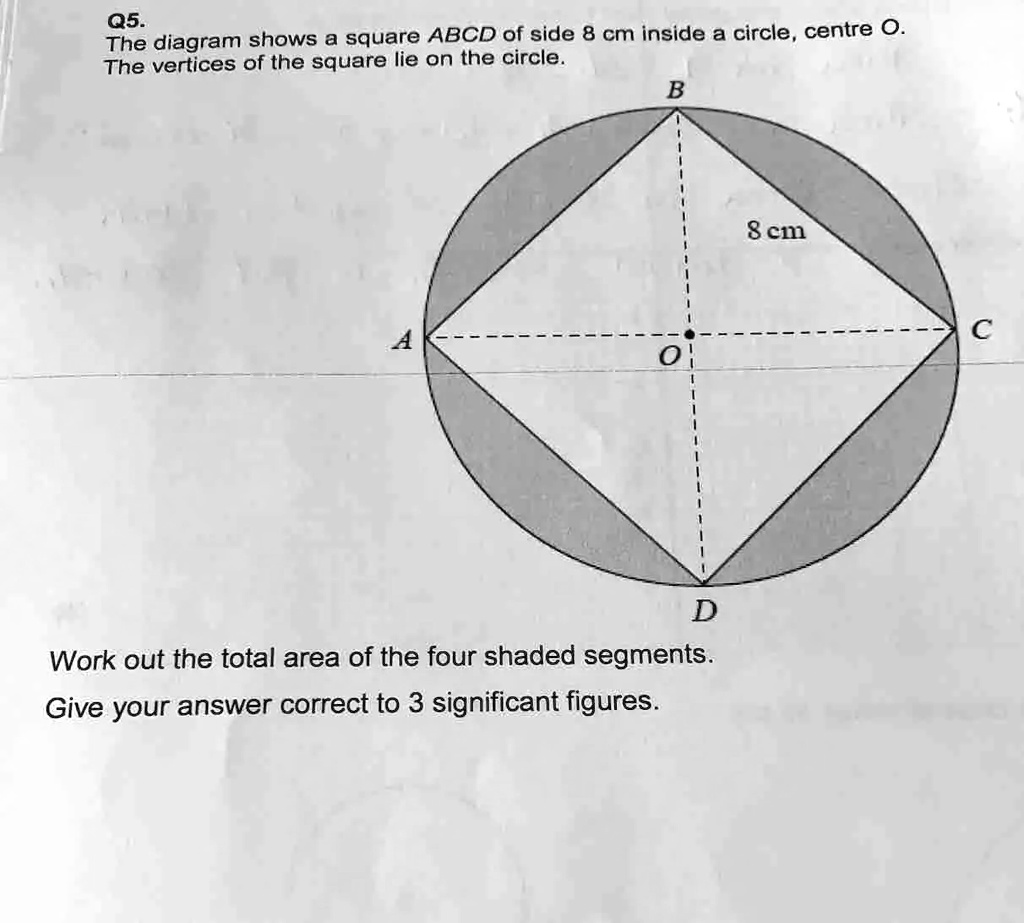 05. The diagram shows a square ABCD of side 8 cm inside a circle ...