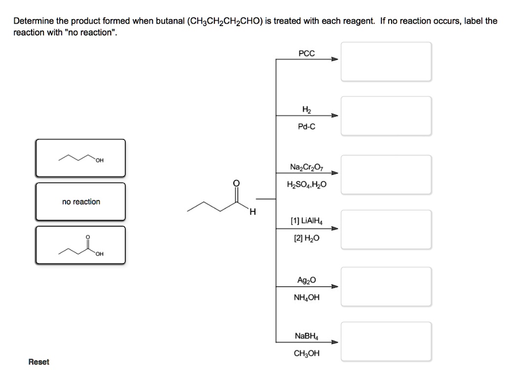 Determine the product formed when butanal (CH3CH2CH2CHO) is treated with each reagent. If no ...